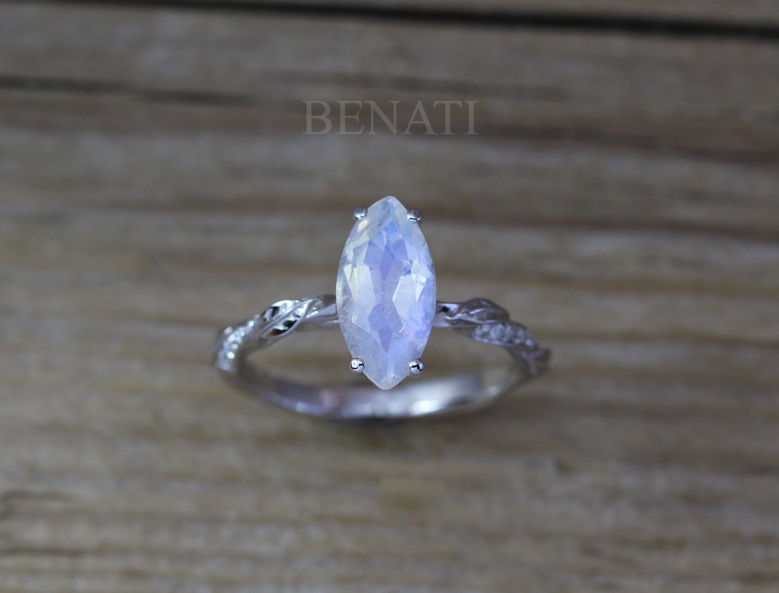 Unique Moonstone Engagement ring, Marquise cut rainbow moonstone ...